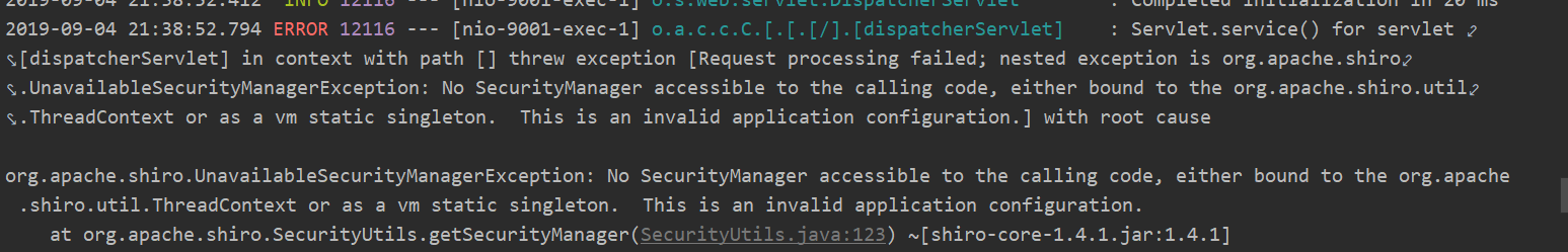 #spring boot shiro 配置的时候出现 No SecurityManager accessible to the calling code - OSCHINA - 中文开源技术交流社区
