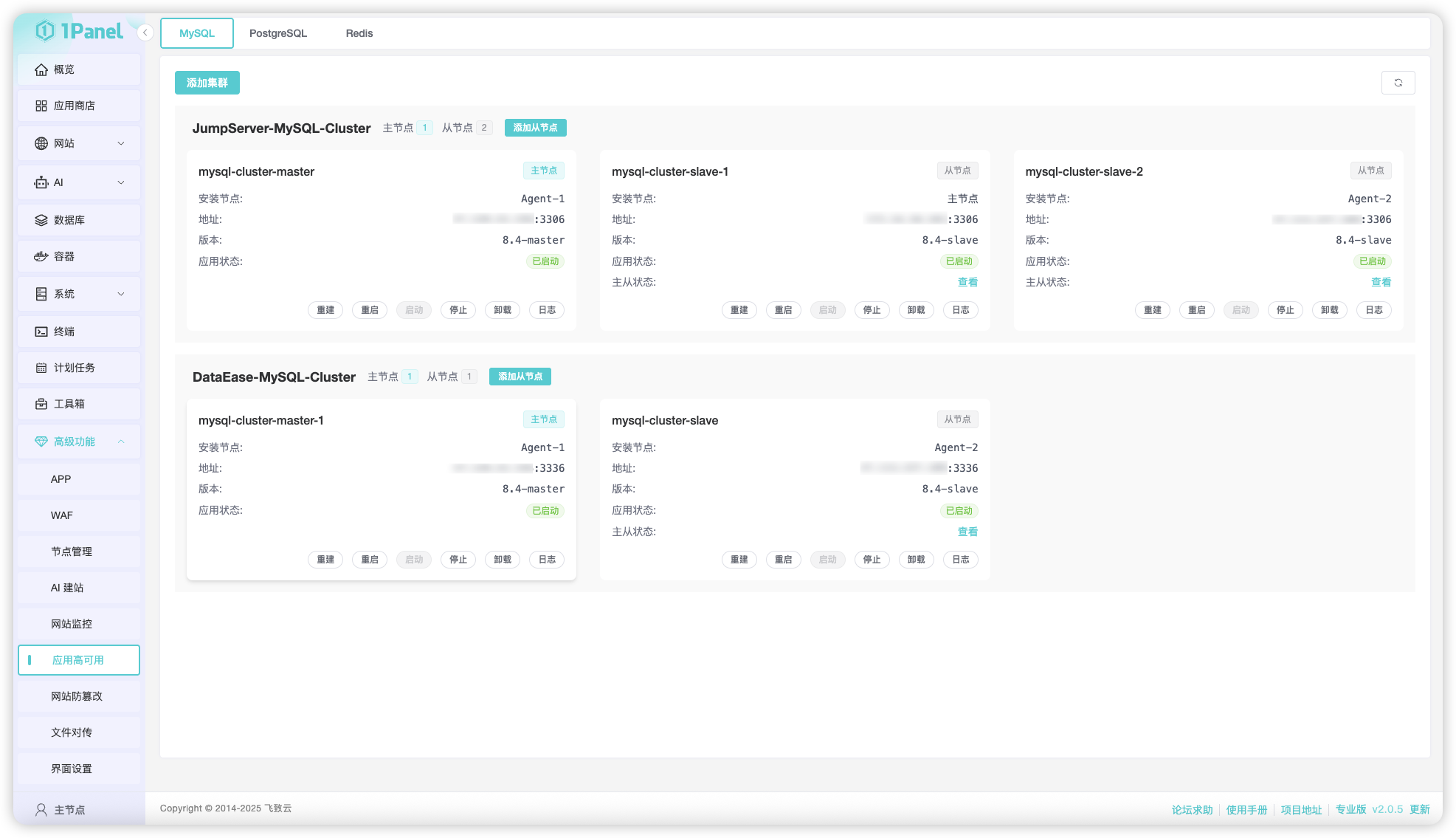 支持MySQL、PostgreSQL和Redis集群部署，1Panel开源面板v2.0.5版本发布 - OSCHINA - 中文开源技术交流社区