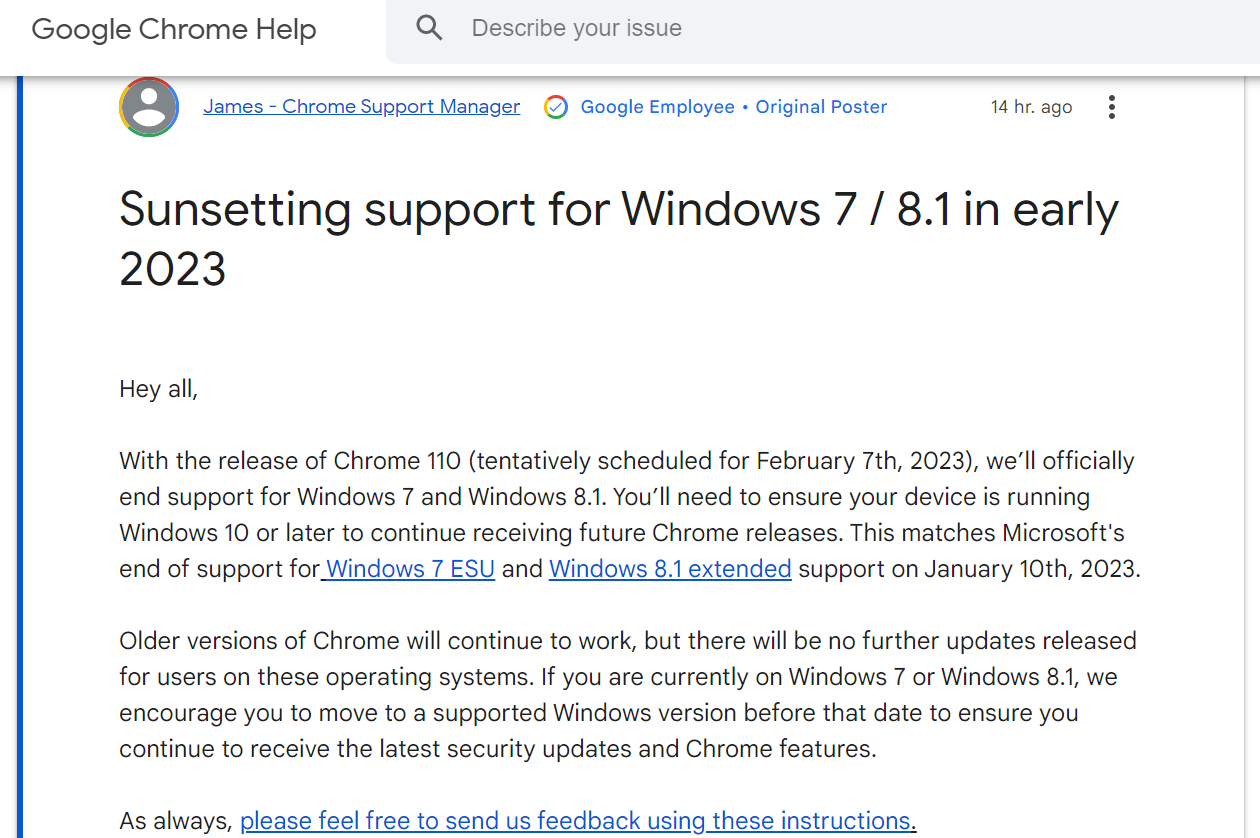 谷歌 Chrome 将于 2023 年 2 月停止支持 Windows 7/8.1 - OSCHINA - 中文开源技术交流社区